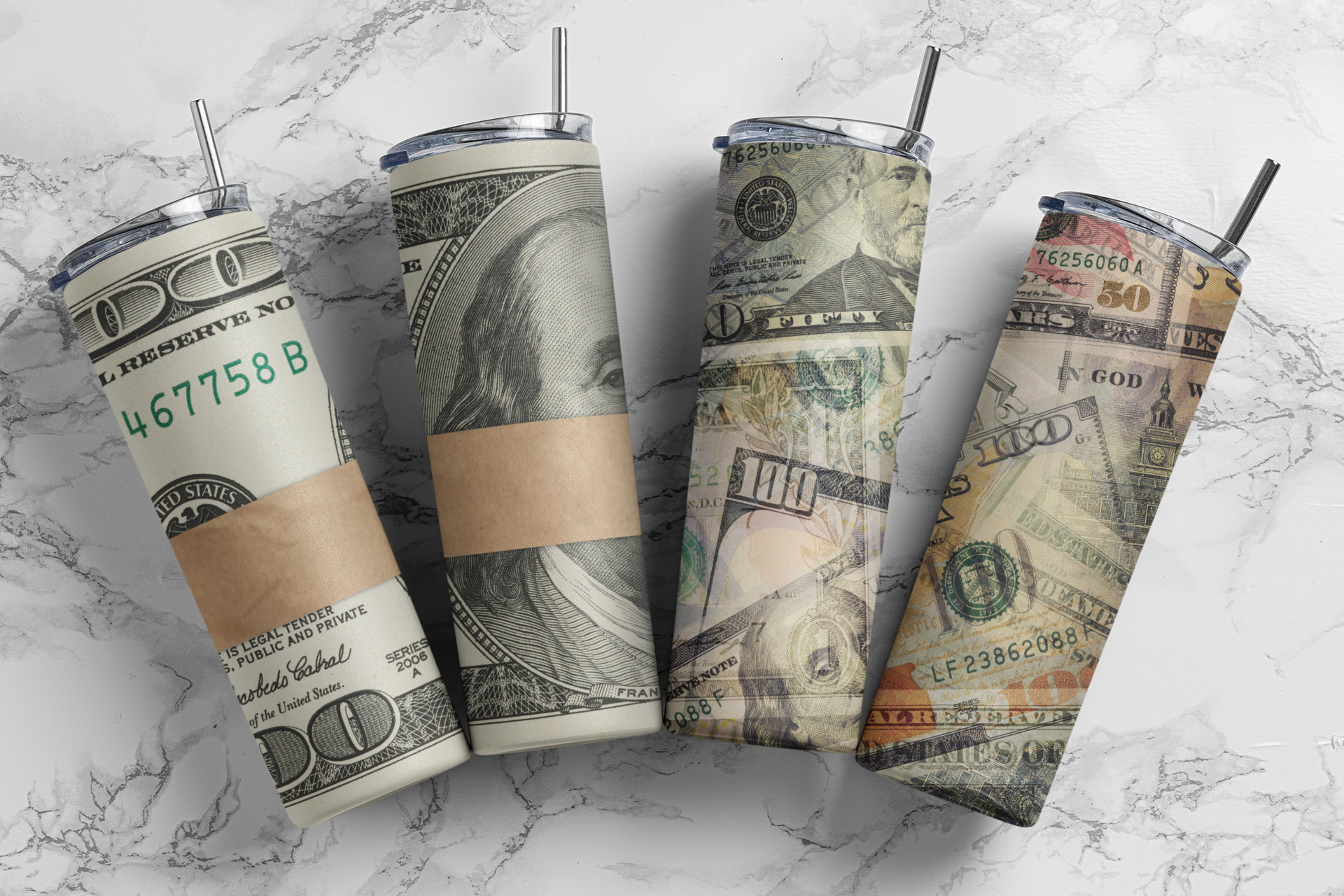3 Money Roll Band Tumbler PNG BUNDLE, 20 Oz Skinny 100-dollar Bill ...