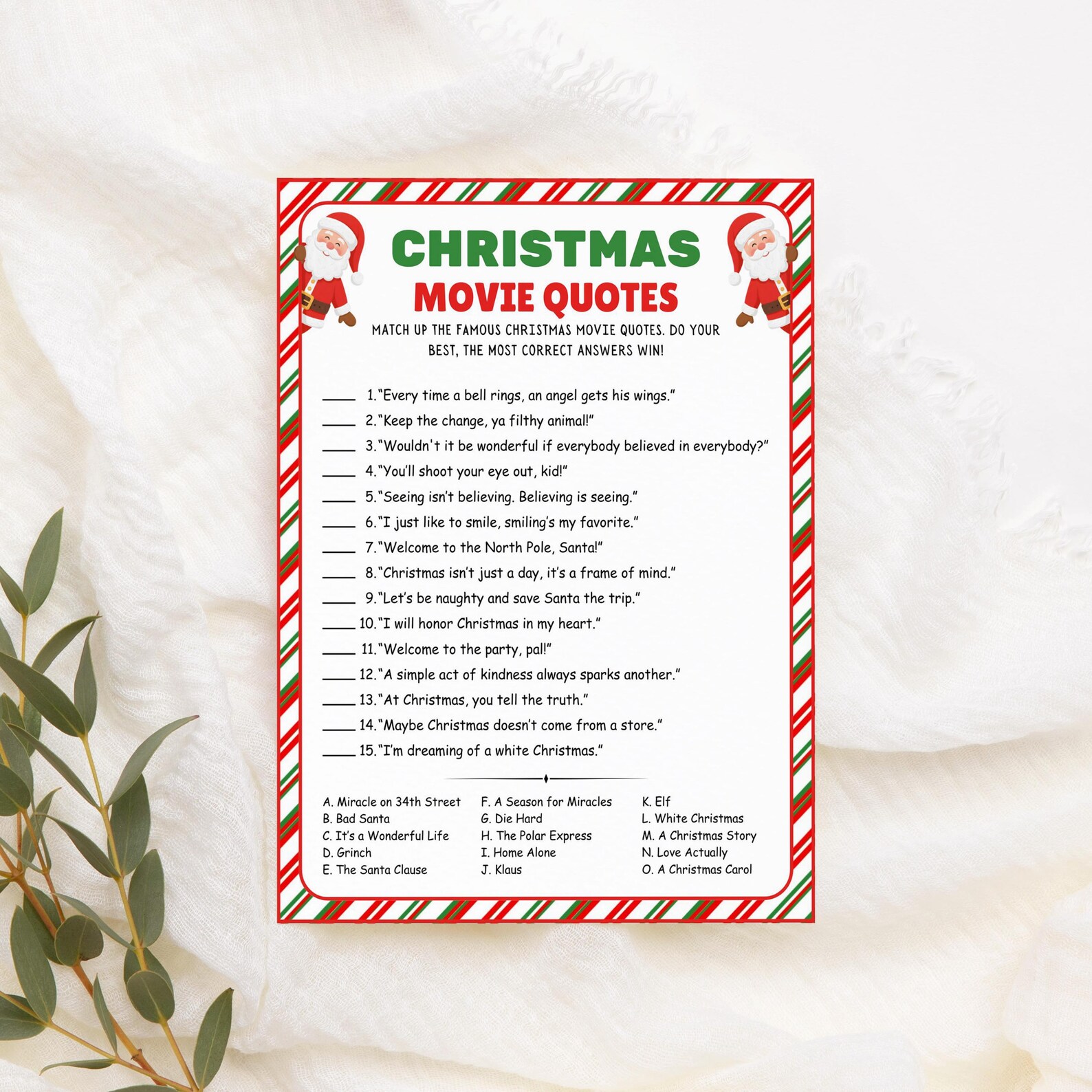 Christmas Movie Quote Trivia Game, Xmas Movies Quote Game, Holiday ...