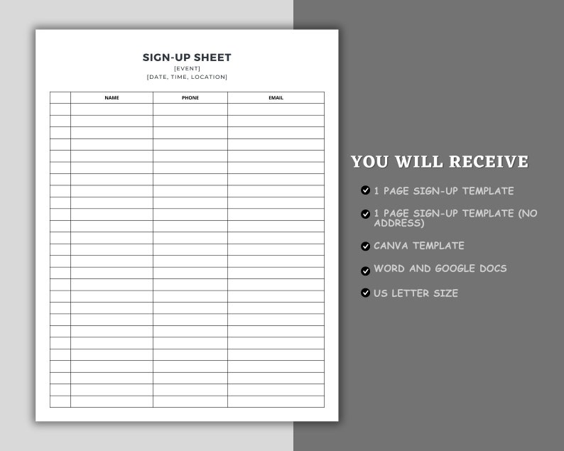 Editable Sign-up Sheet. Pdf/google Docs/microsoft Word. Sign up ...