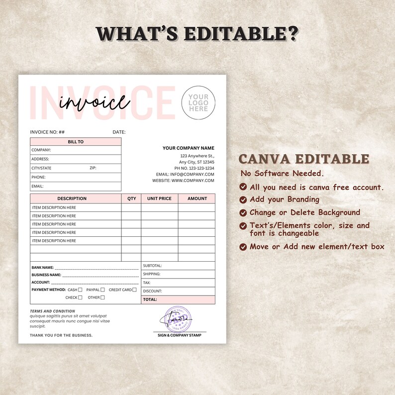 Invoice Template Editable, Small Business Custom Order Form Printable ...