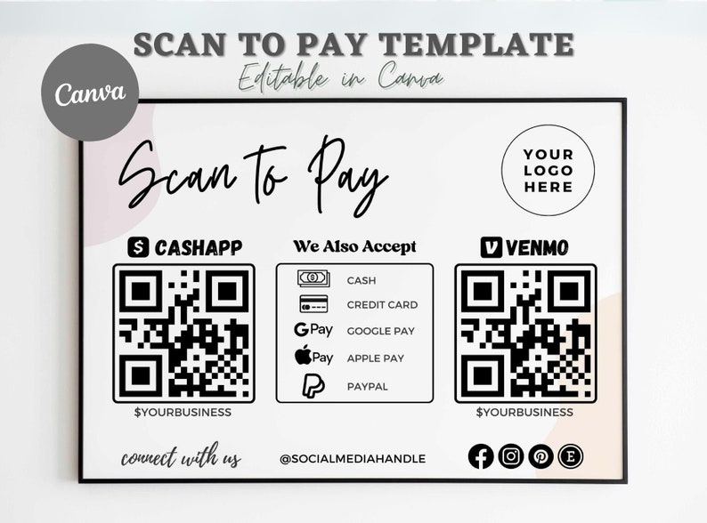 Editable Scan to Pay Card, Canva Template, QR Code Sign, Business Sign ...