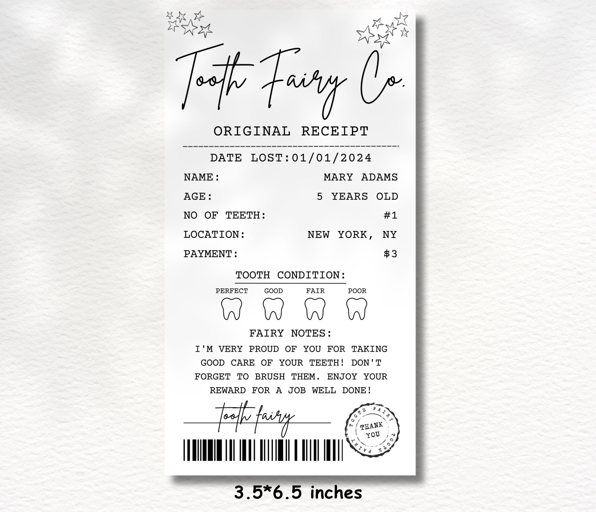 Editable Tooth Fairy Receipt Printable Certificate | First Tooth Lost ...