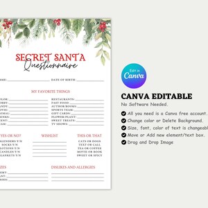 Secret Sister Survey Template, Holiday Wish List Form, Santa Gift ...