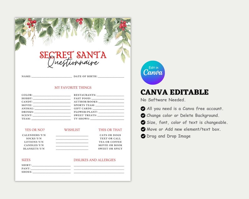 Secret Sister Survey Template, Holiday Wish List Form, Santa Gift ...