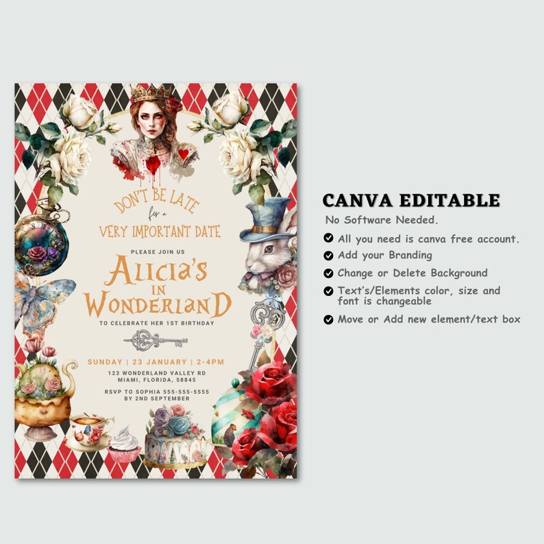 Alice in Wonderland Invitation Template, Alice in Wonderland 1st ...