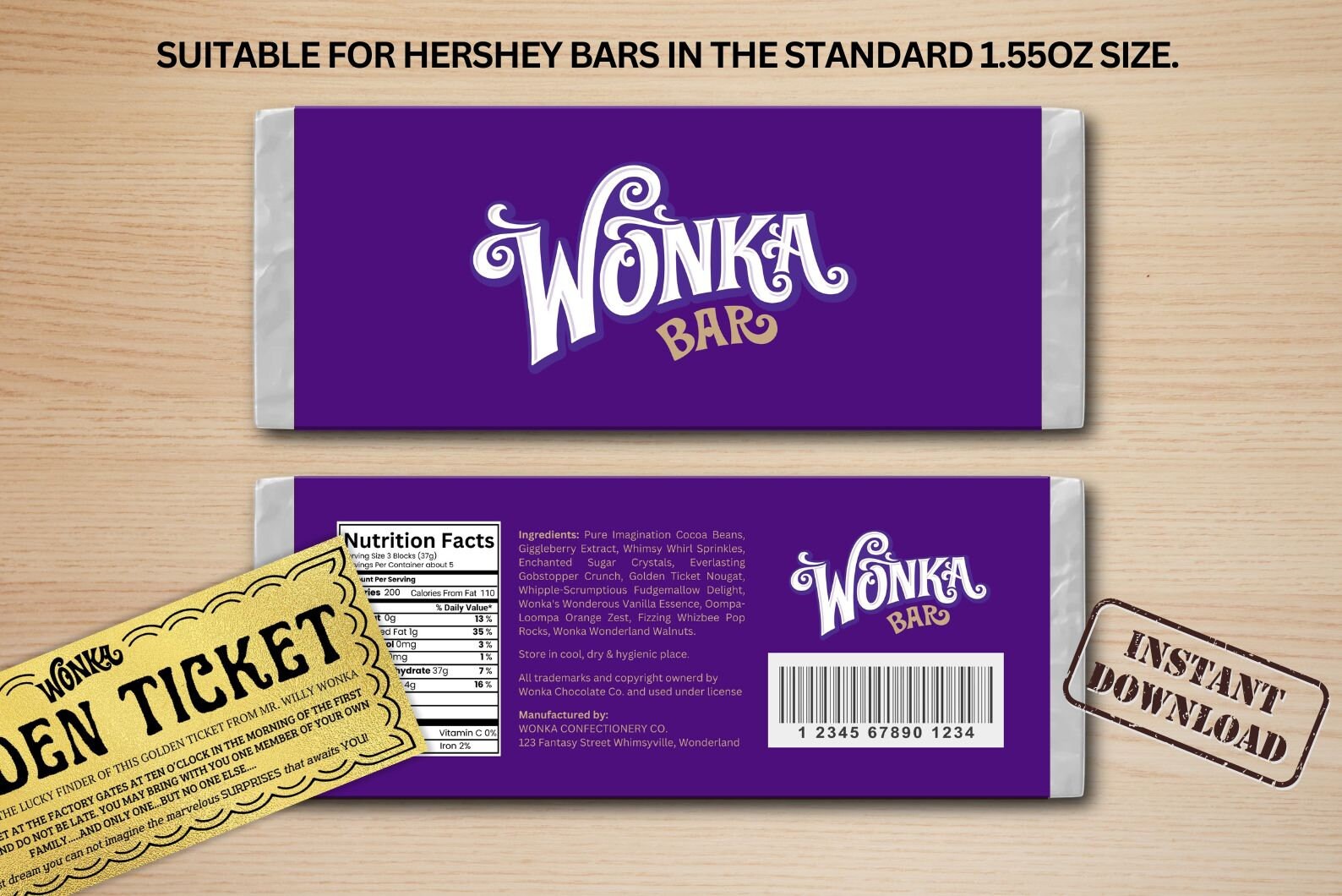 Wonka Chocolate Bar Label, Digital PDF for Hershey's 1.55oz, DIY ...