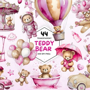 Watercolor Teddy Bear Clipart for Girl | Pink Teddy Bear Clipart | Cute ...