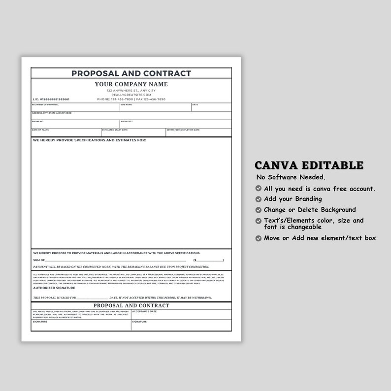 Contract Template / Printable Proposal & Contract Form / Business Form Template / Contract ...