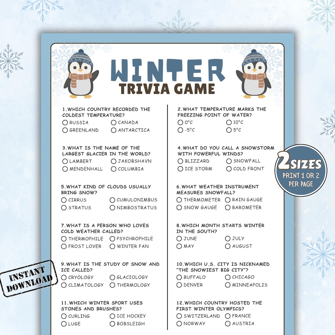 Winter Trivia Game, Printable Winter Games, Winter Game for Adults ...