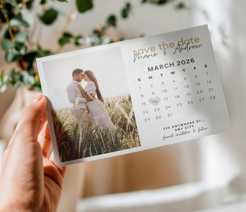 Minimalist Save the Date Calendar Template With Photo | Boho Save the ...