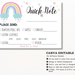 Quick Note! Daycare Note Home, Boho Rainbow Daycare Card, Daycare ...