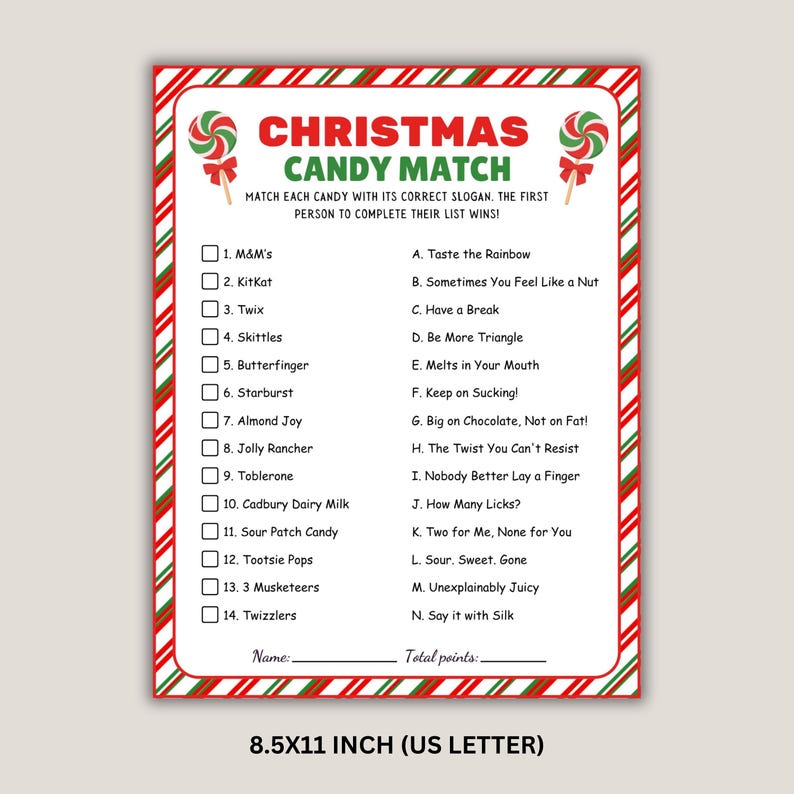 Christmas Candy Match Game, Candy Quiz Game, Holiday Party Game, Xmas ...