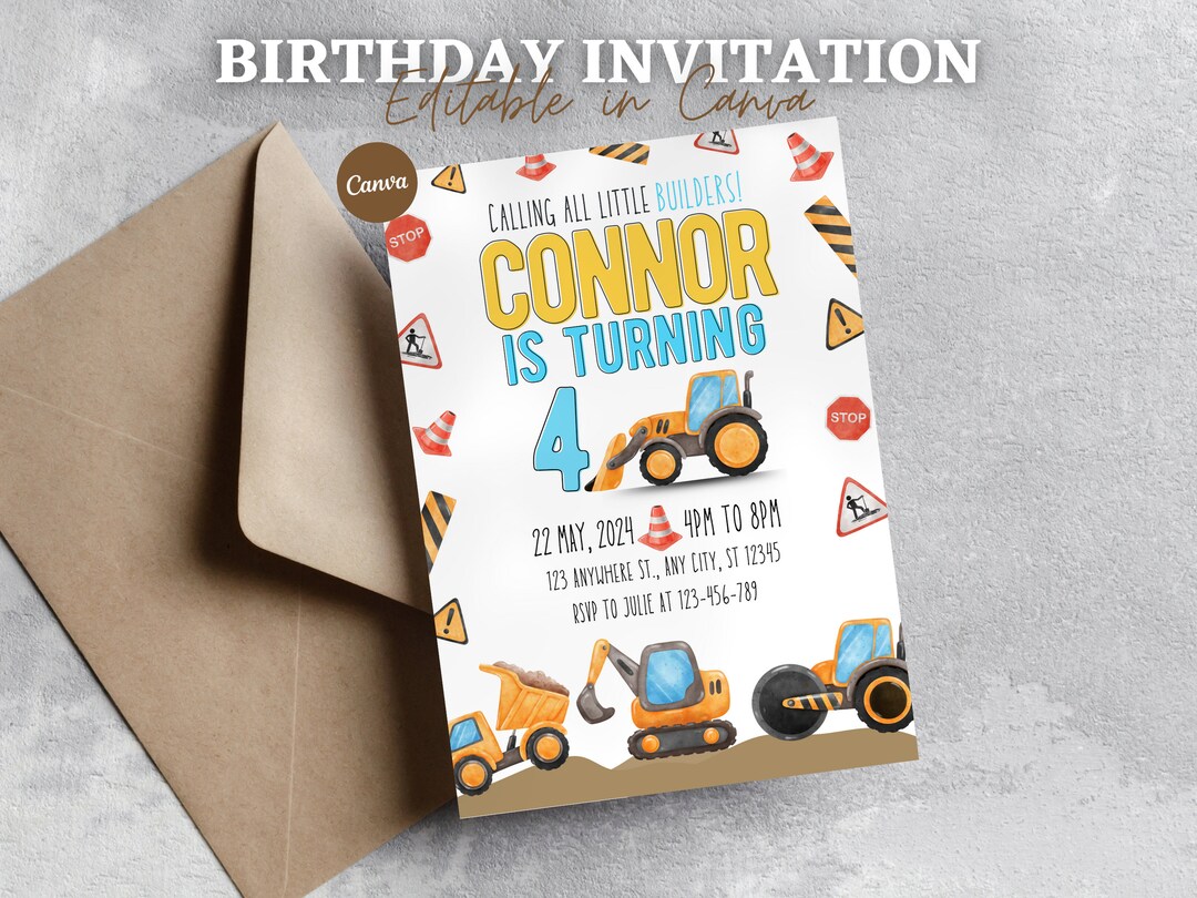 Editable Construction Birthday Party Invitation Template, Construction ...