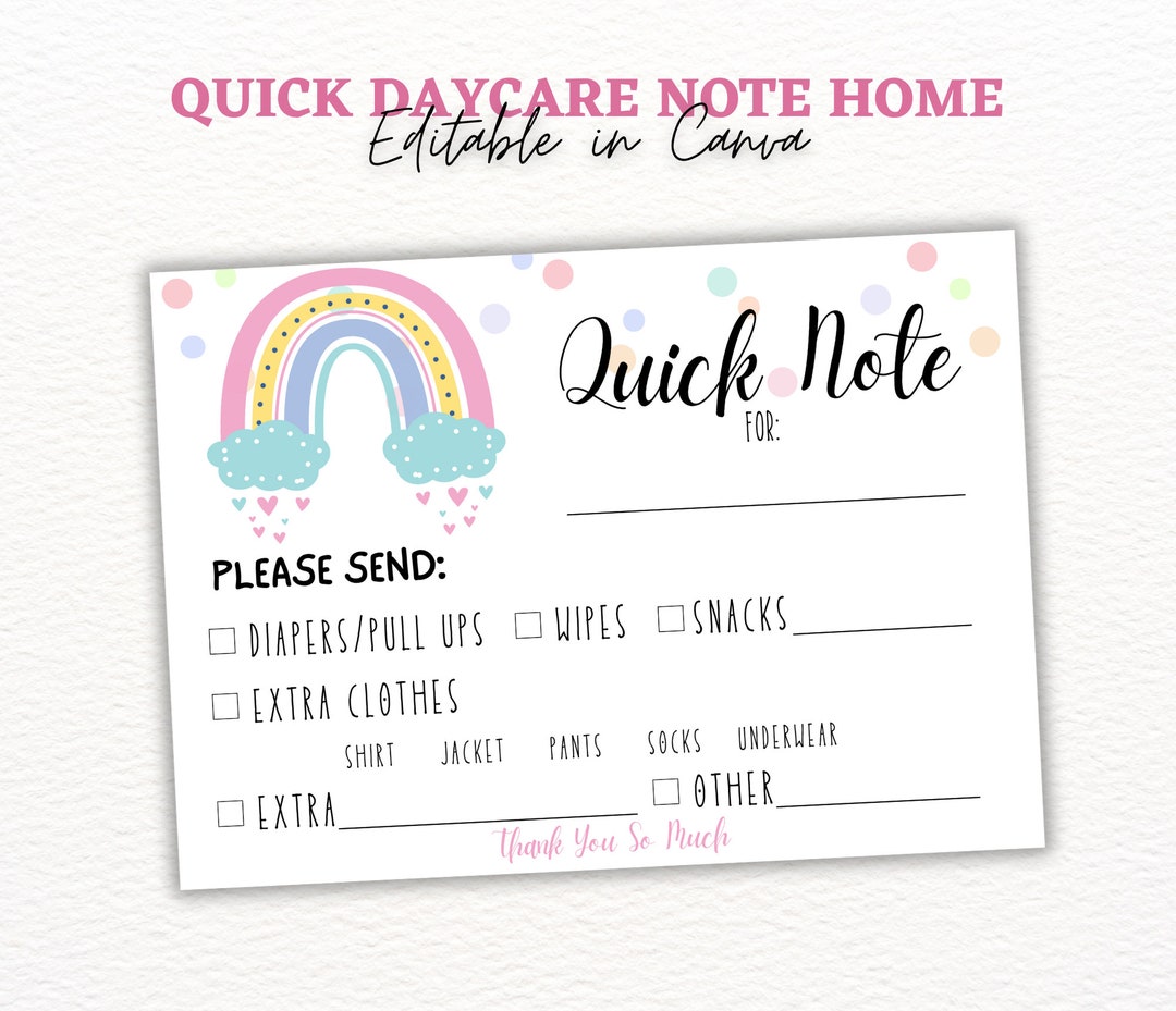 Quick Note! Daycare Note Home, Boho Rainbow Daycare Card, Daycare ...