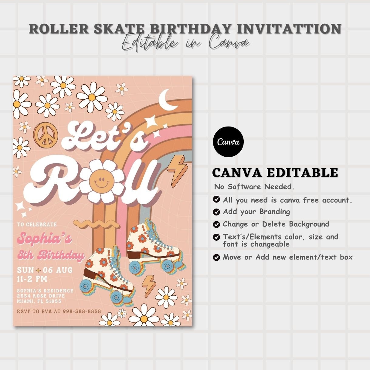 Retro Roller Skate Birthday Invitation, Groovy Rainbow (editable ...