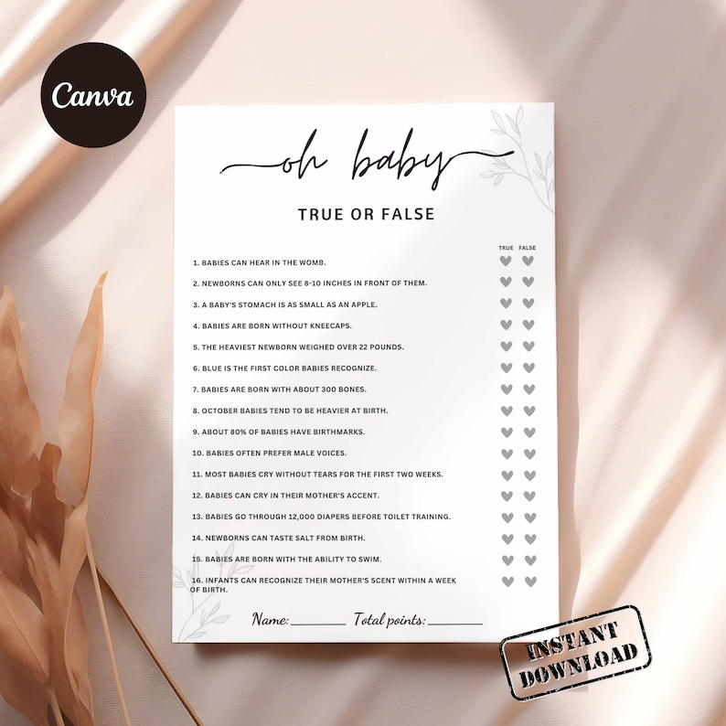 Baby Shower Game True or False | Baby Shower Games Printable | Oh Baby ...