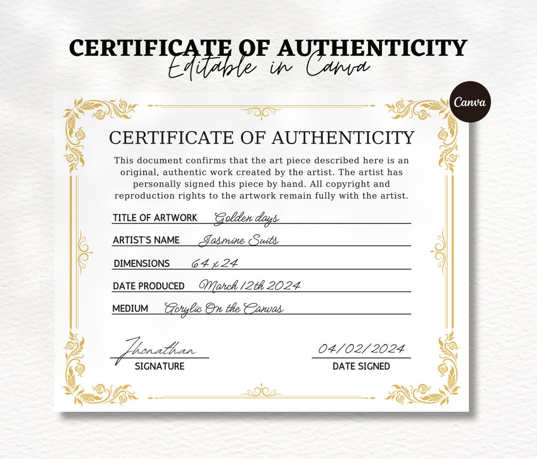 Editable Certificate of Authenticity for Artwork Template, Printable ...