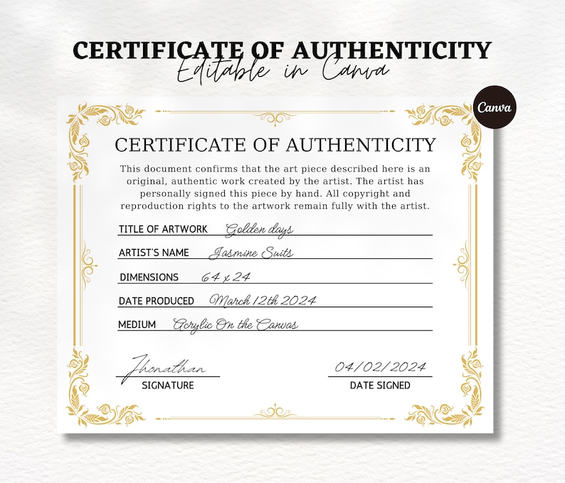 Editable Certificate of Authenticity for Artwork Template, Printable ...