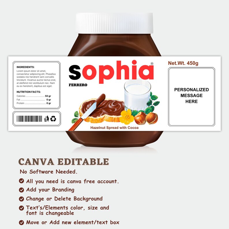 Personalized PRINTABLE NUTELLA Jar Label Digital File, Printable ...