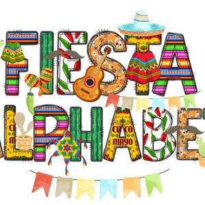 Fiesta Doodle Alphabet Bundle, Fiesta PNG Letters, Numbers ...