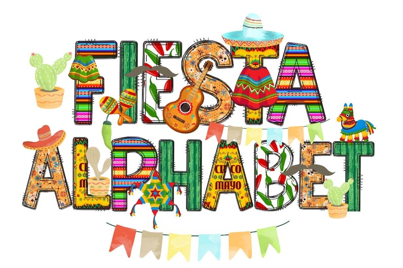 Fiesta Doodle Alphabet Bundle, Fiesta PNG Letters, Numbers ...