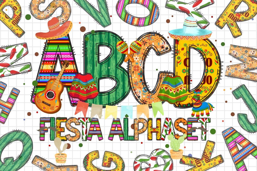 Fiesta Doodle Alphabet Bundle, Fiesta PNG Letters, Numbers ...