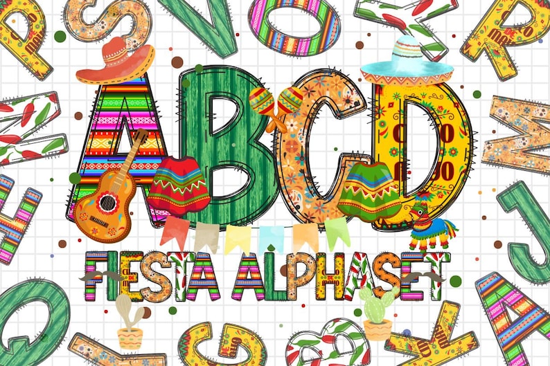 Fiesta Doodle Alphabet Bundle, Fiesta PNG Letters, Numbers ...