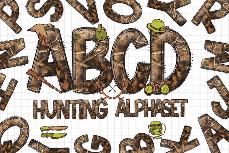 Camo Hunting Doodle Alphabet Letters PNG Bundle, Military Camouflage ...