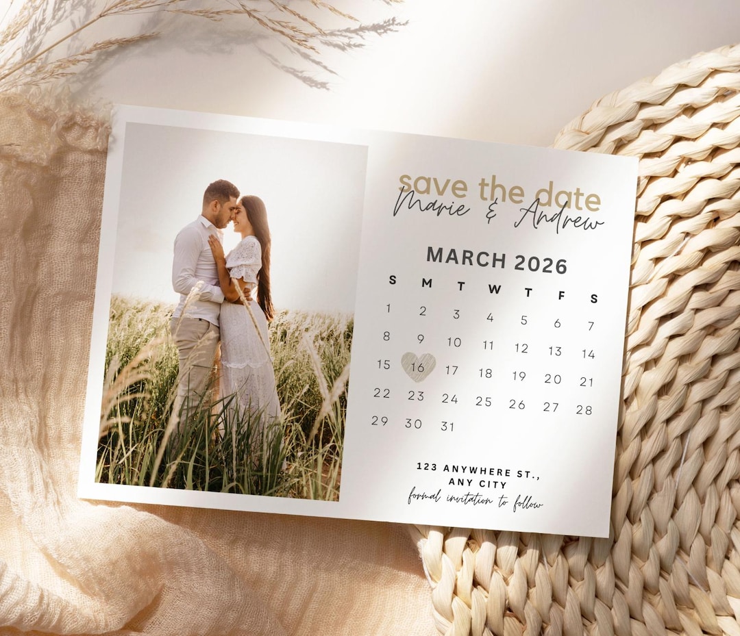 Minimalist Save the Date Calendar Template With Photo | Boho Save the ...