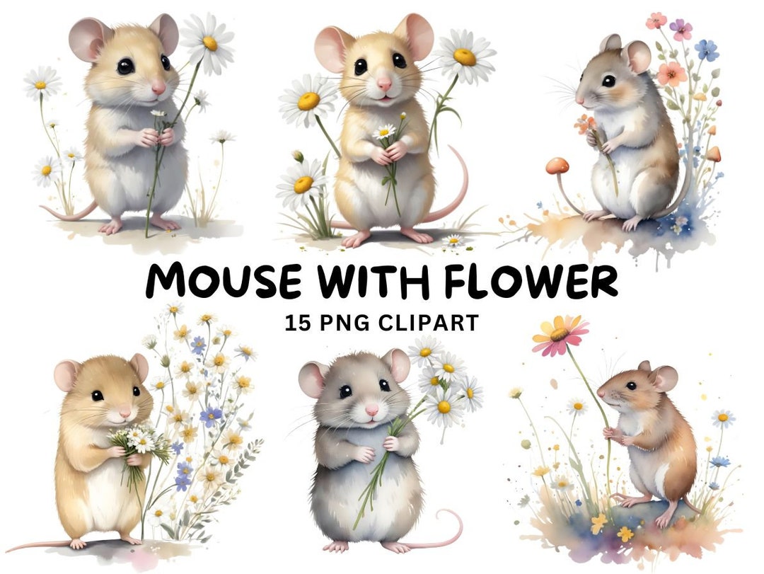 Mouse and Flower Clipart | 15 Flower Mouse Clipart PNG | Watercolor ...