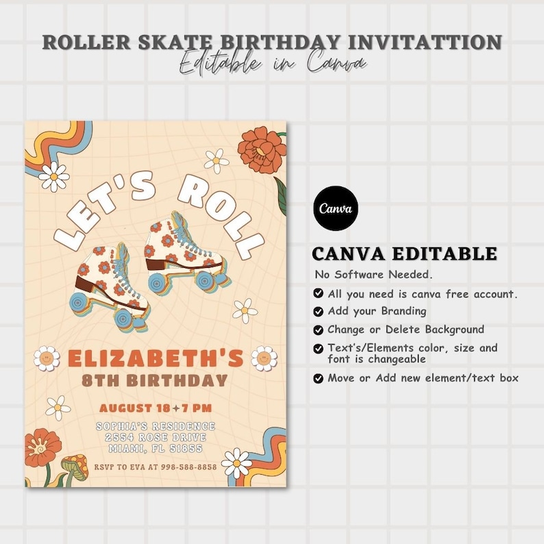 Editable ANY AGE Let's Roll Retro Groovy Roller Skate Birthday Party ...