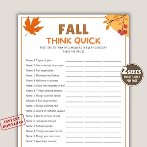 Fall Think Fast Game, Autumn Party Game, Autumn Game for Adults & Kids ...