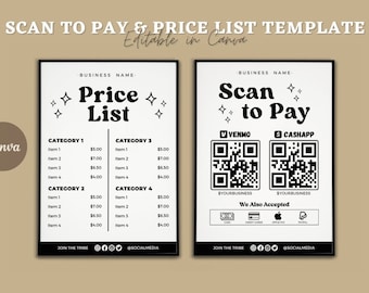 Printable Scan to Pay Sign, Price List Template, DIY QR Code Sign ...