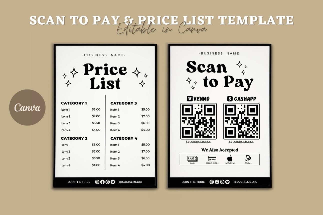 Retro Scan to Pay Sign & Price List Template, QR Code Sign, Printable ...