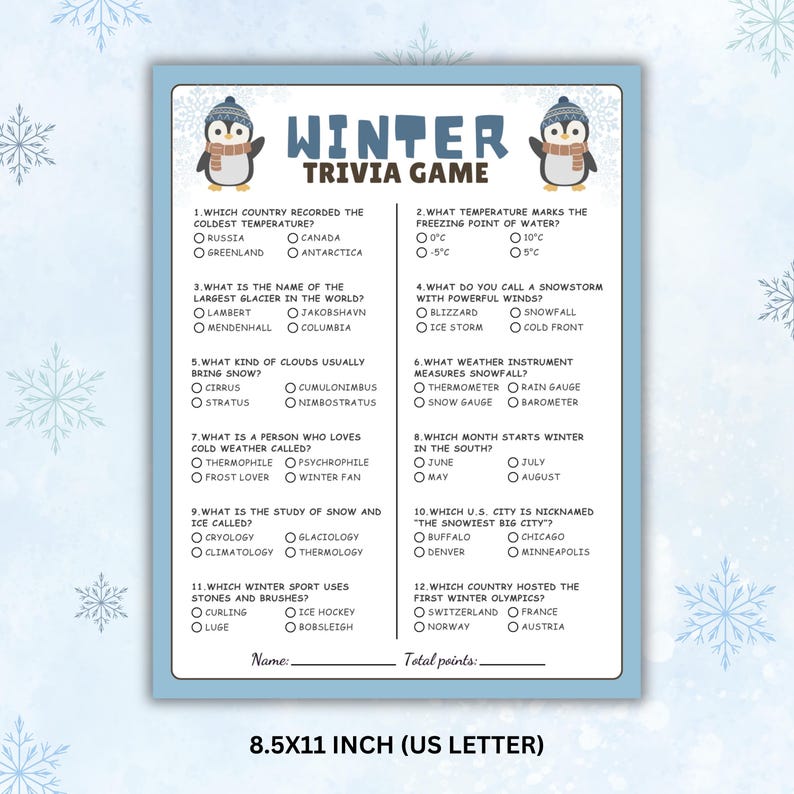 Winter Trivia Game, Printable Winter Games, Winter Game for Adults ...