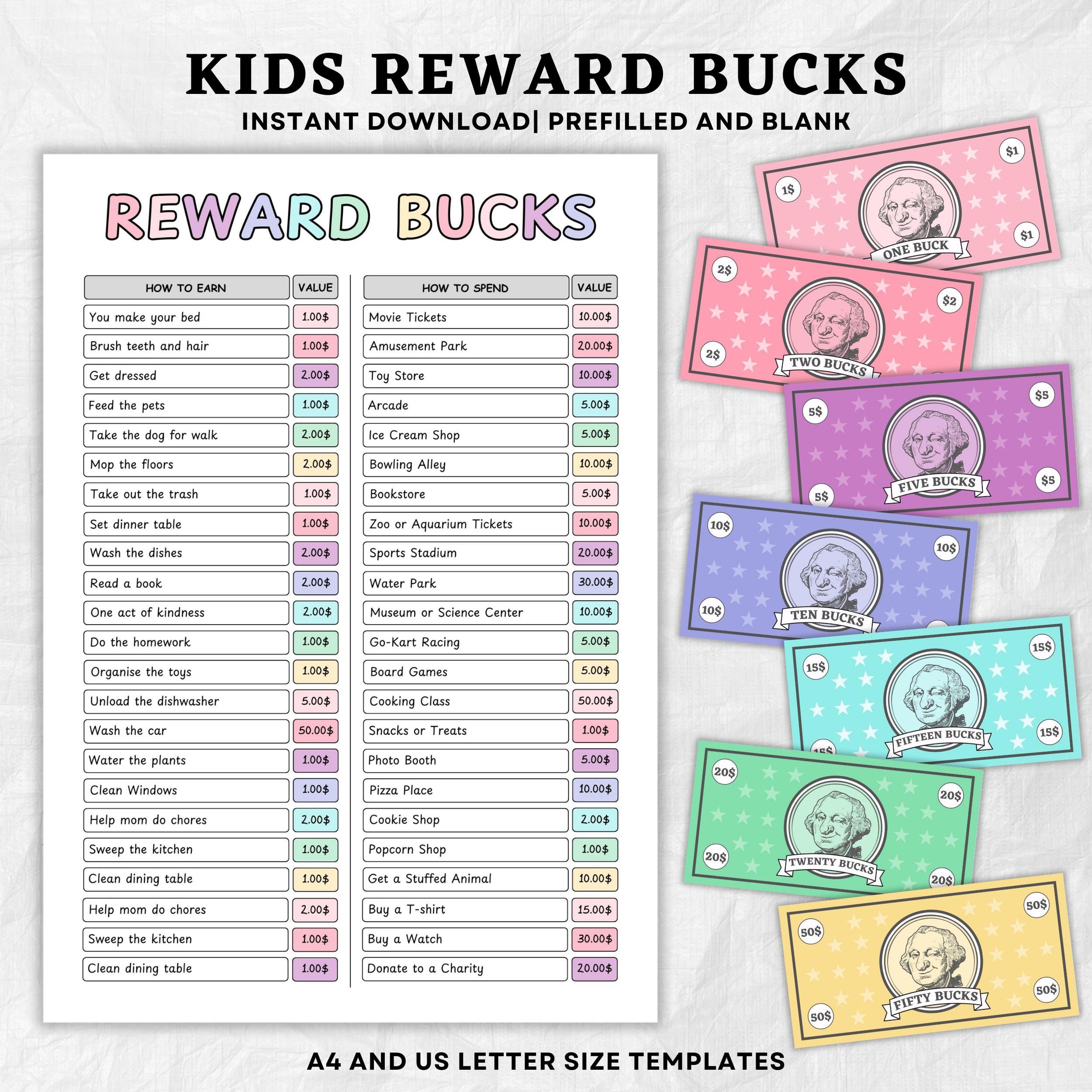 Editable Kids Reward Bucks, Kids Reward Coupons, Chore Bucks, Reward ...