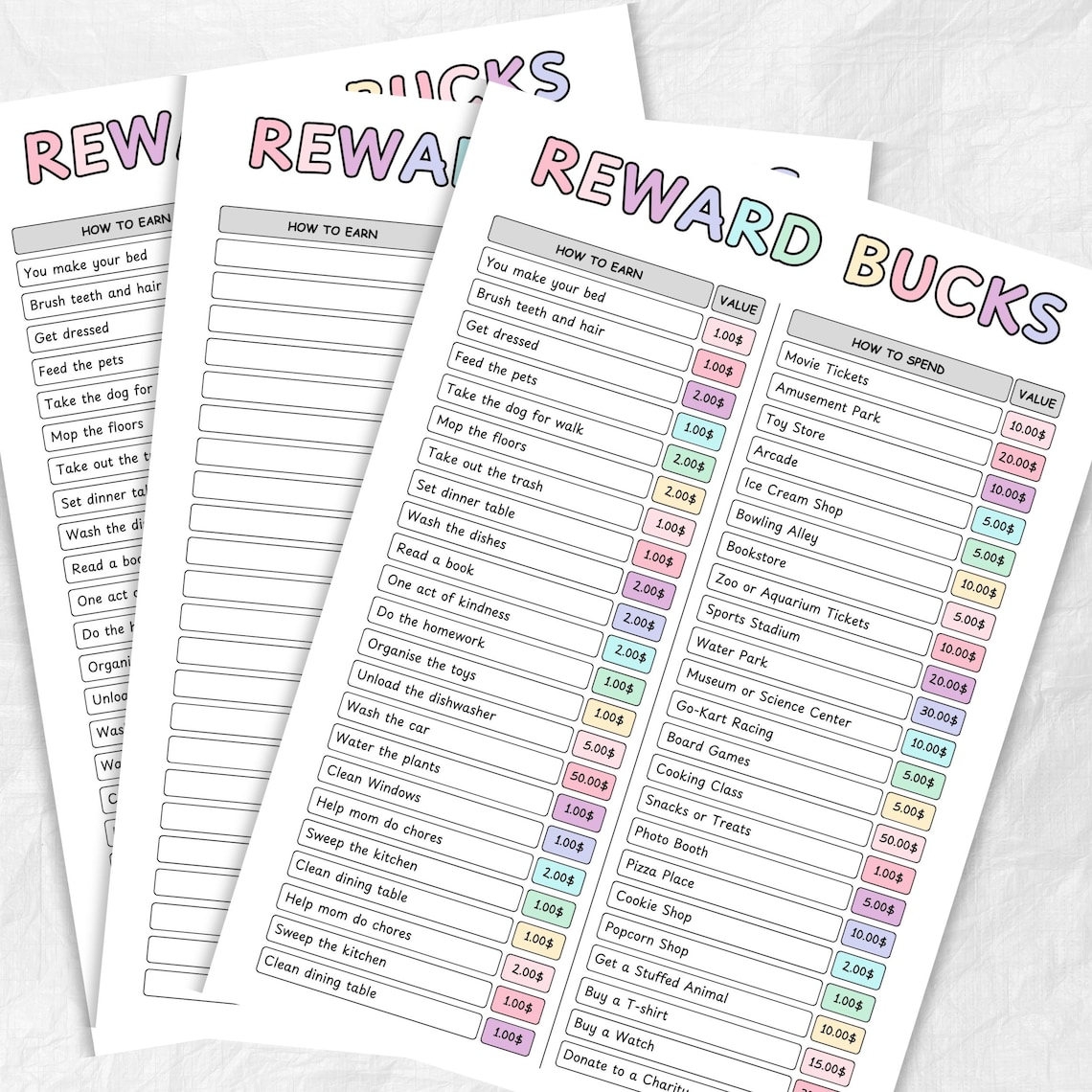 Editable Kids Reward Bucks, Kids Reward Coupons, Chore Bucks, Reward ...