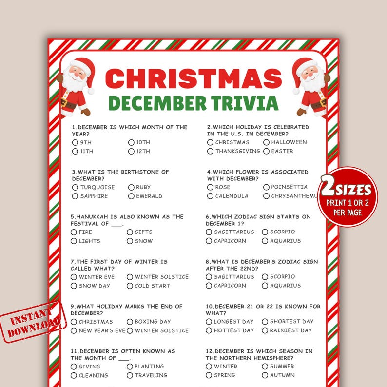 Christmas Trivia, Xmas Trivia Game, Holiday Party Game, Xmas Holiday ...