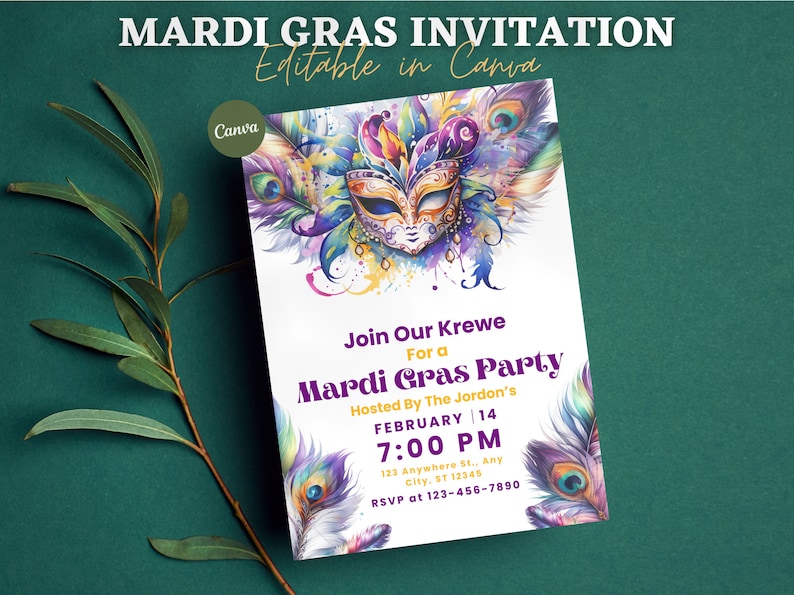 Elegant Mardi Gras Masquerade Party Invitation Template | Printable ...