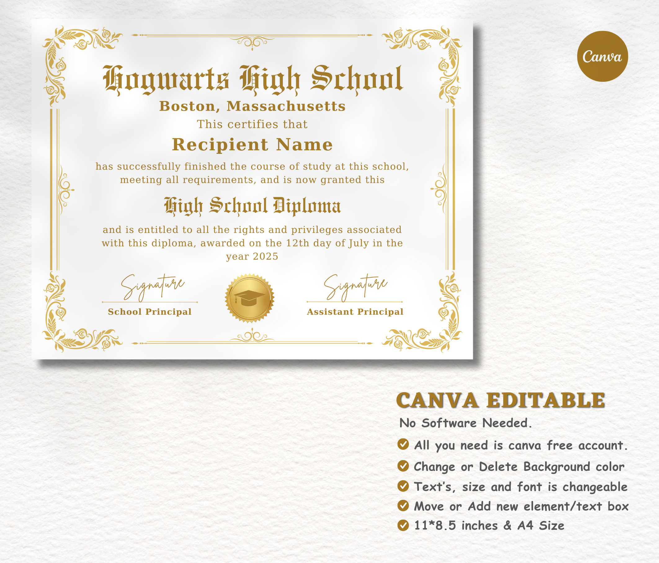 High School Diploma, Diploma Template, Canva Editable Homeschool ...