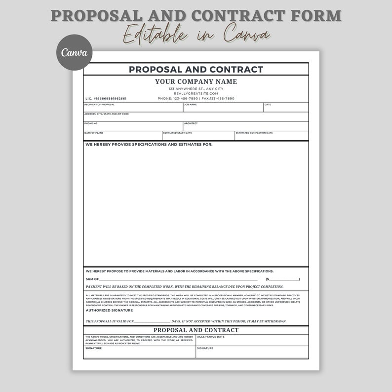 Contract Template / Printable Proposal & Contract Form / Business Form ...