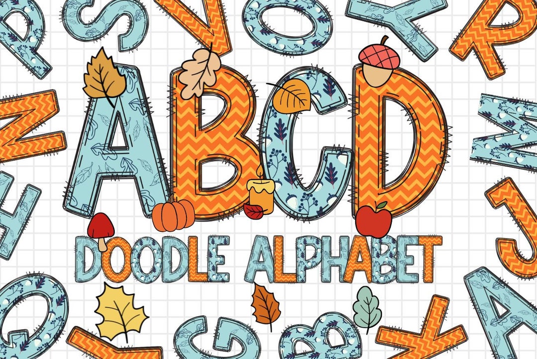 Fall Doodle Letters With Clip Art, Hand Drawn Doodle Alpha Bundle, Autumn Leaves Pumpkin ...