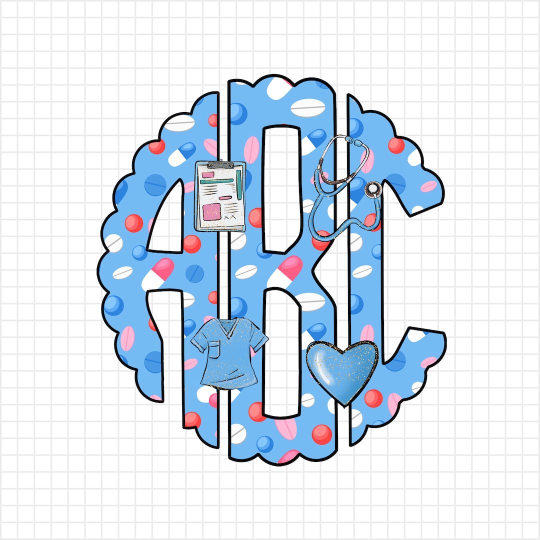 Nurse Monogram Letters, Medical Sublimation PNG Elements Hand Drawn ...