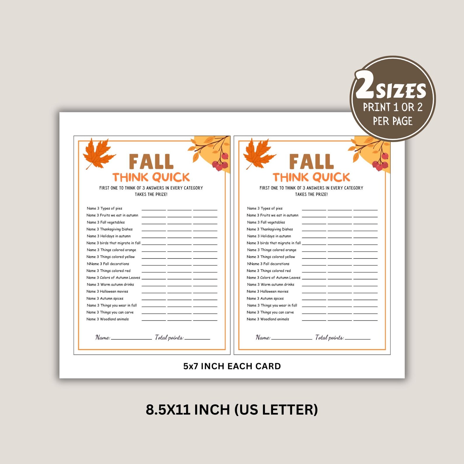 Fall Think Fast Game, Autumn Party Game, Autumn Game for Adults & Kids ...