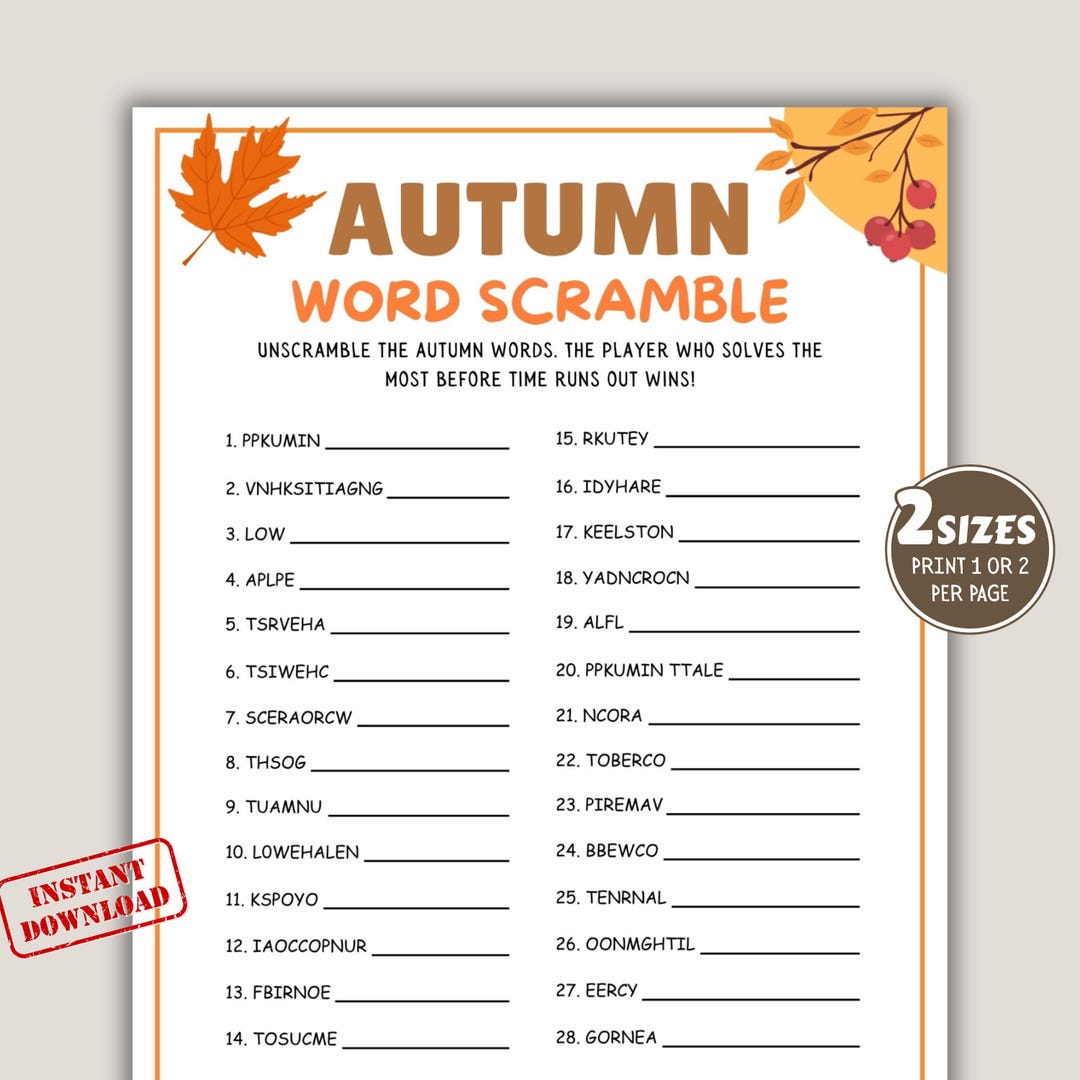 Fall Word Scramble Game, Autumn Game, Word Games for Kids and Adults ...