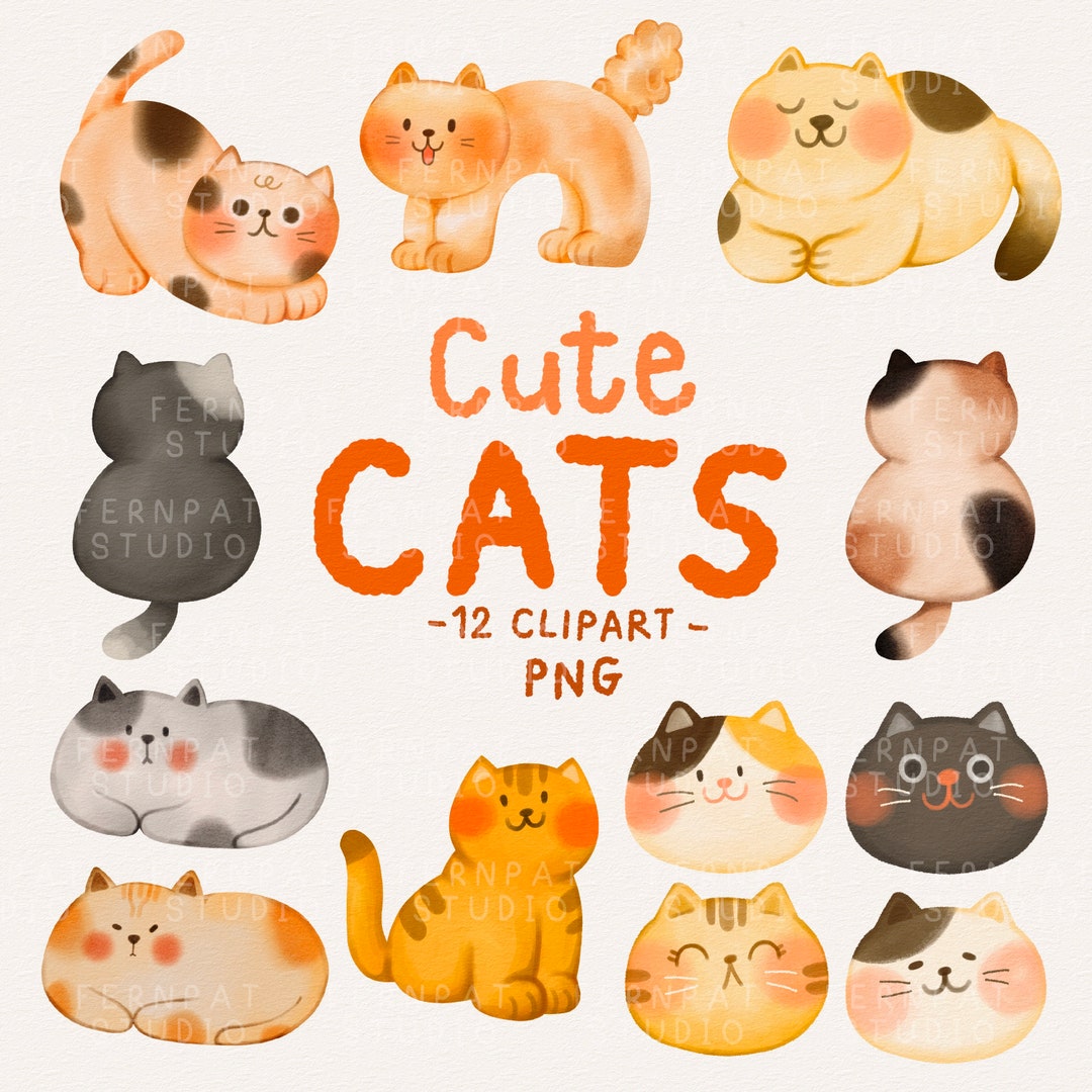 Cute Cats Clipart Png Digital Download, Watercolor Cute Cats PNG, Cats ...