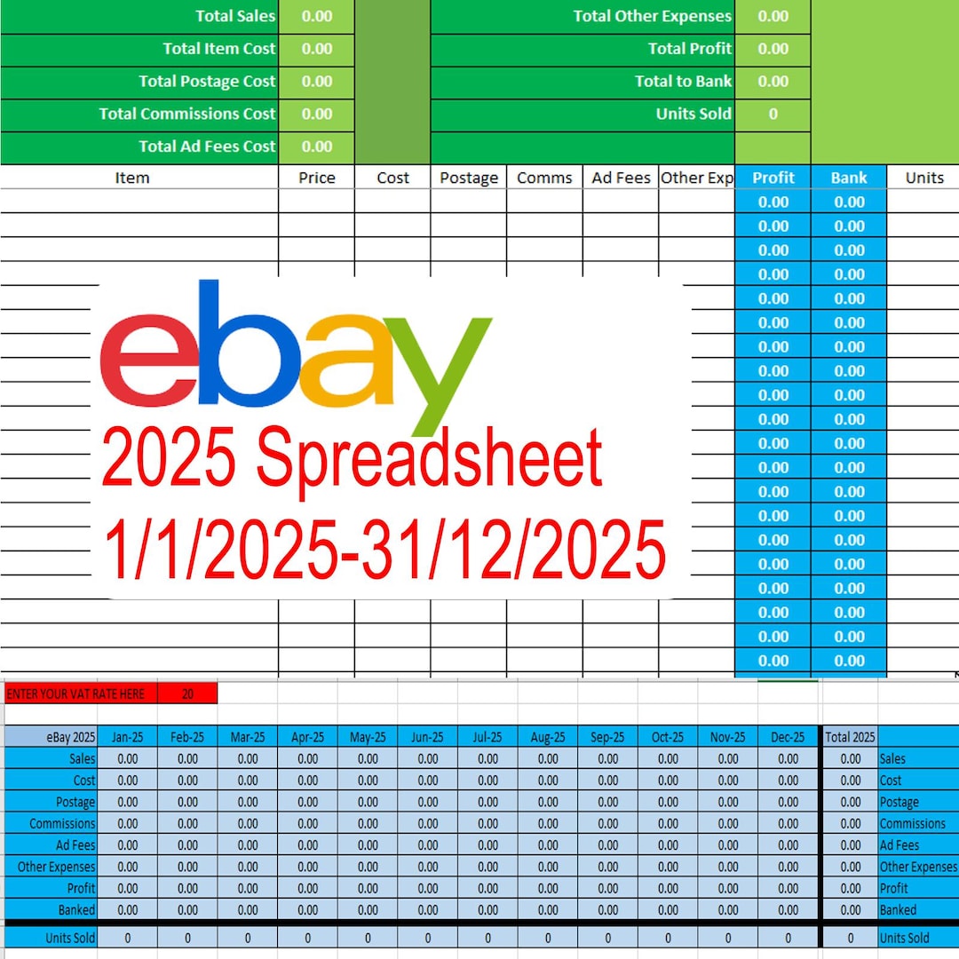 EBAY Accounting Spreadsheet for All Your 2025 EBAY Sales. Microsft ...