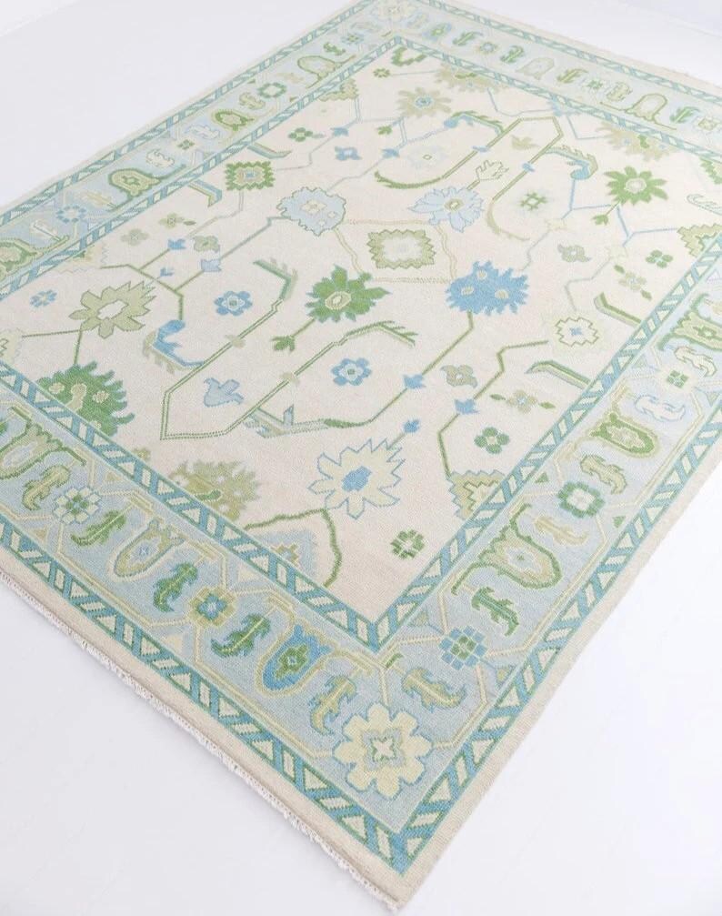 Ivory and Pastel Green Floral Area Rug With Intricate Borders - Etsy