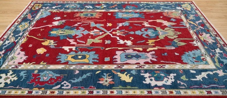 Vibrant Handwoven Wool Rug With Traditional Red and Blue Floral ...
