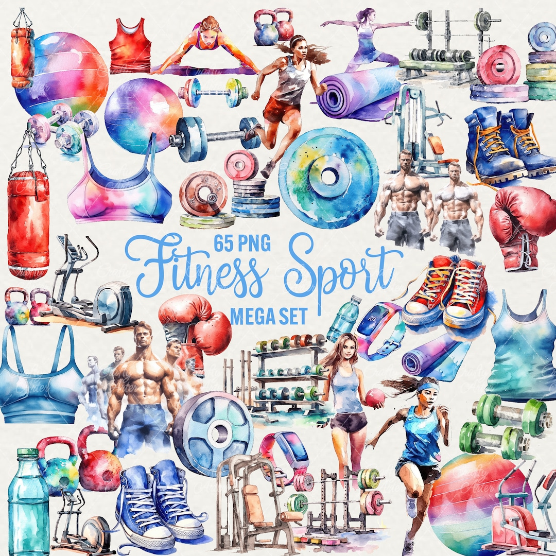 Watercolor Fitness Clipart, Sport Clipart Bundle, Fit 65 PNG Clip Art ...
